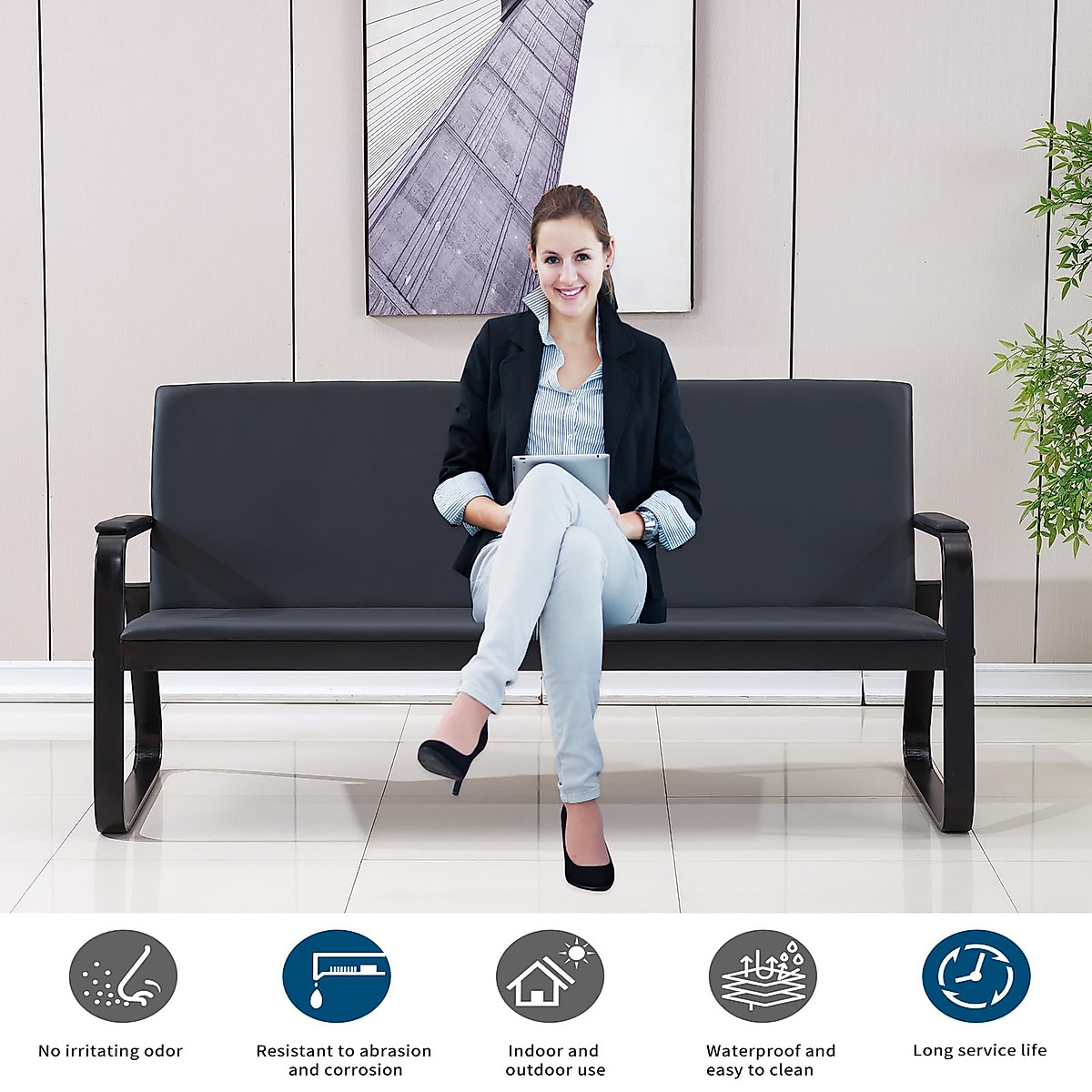 yudannce Waiting Room Chairs - Black PU Leather Office Guest Chairs & Reception Chairs Lobby Chairs Salon Furniture Conference Room Chairs (3-Seat)