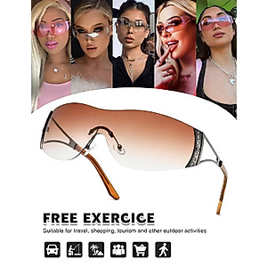 TIANYESY Y2K Sunglasses For Women Men Fashion Shield Rimless Wrap Around Sunglass Gradient Lens Trendy Oversize Sun Glasses (Silver+Gradual Tan)