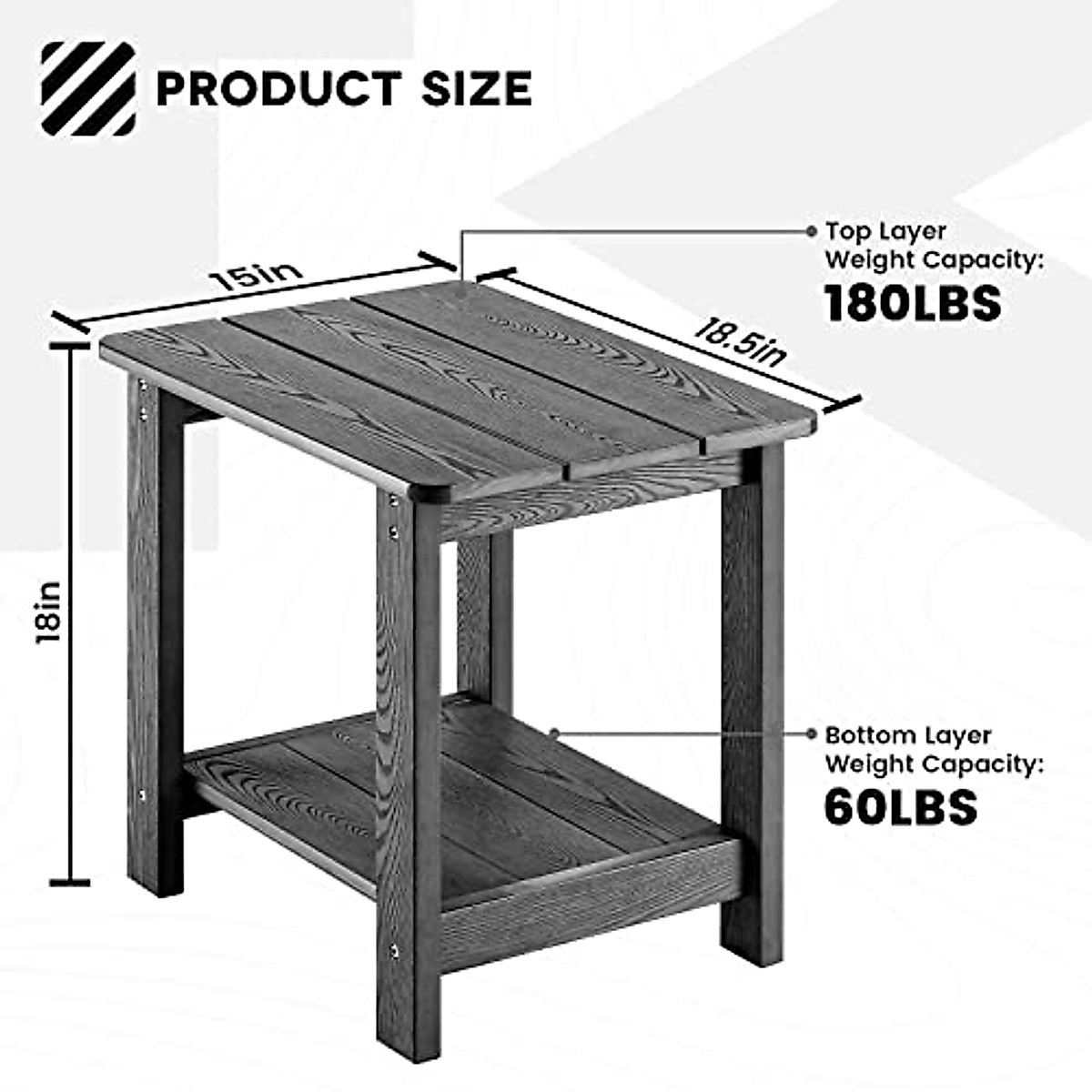 Leteuke Outdoor Side Table, Weather Resistant Outdoor Side Tables for Patio, Poly Lumber Adirondack Table, Rectangular Double Tier End Table for Backyard, Pool, Lawn, Beach, Indoor, Gray