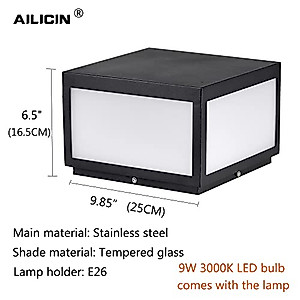 AILICIN Pillar Lamp Post Light, Tempered Glass Shade，Fence Deck Cap Light Lantern Column Lamp for Flat Surface Patio Garden Decoration with IP55 Waterproof E26 LED Bulb (Electric Powered)