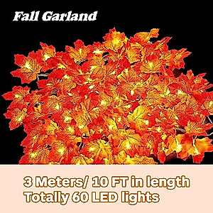 3 Pack Thanksgiving Decorations Lighted Fall Garland, 30 Ft 60 LED Battery Operated Maple Leaves String Lights for Indoor Outdoor Autumn Harvest Party Halloween Thanksgiving Decoration