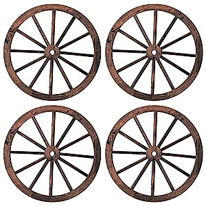 4 Pieces Wooden Wagon Wheel Wall Decor 10 Inches Old Western Wood Wagon Wheel Wall Art Farmhouse Wagon Wheels Rustic Yard Decor Wood Hanging Decorative Wheels for Garden Home Bar Garage