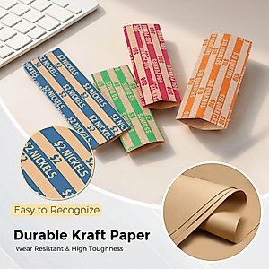 Coin Wrappers Assorted 500 Flat Stripped Coin Roll Wrappers for All Coins Including 200 Quarter Wrappers and 100 Each of Penny, Nickel, Dime Wrappers