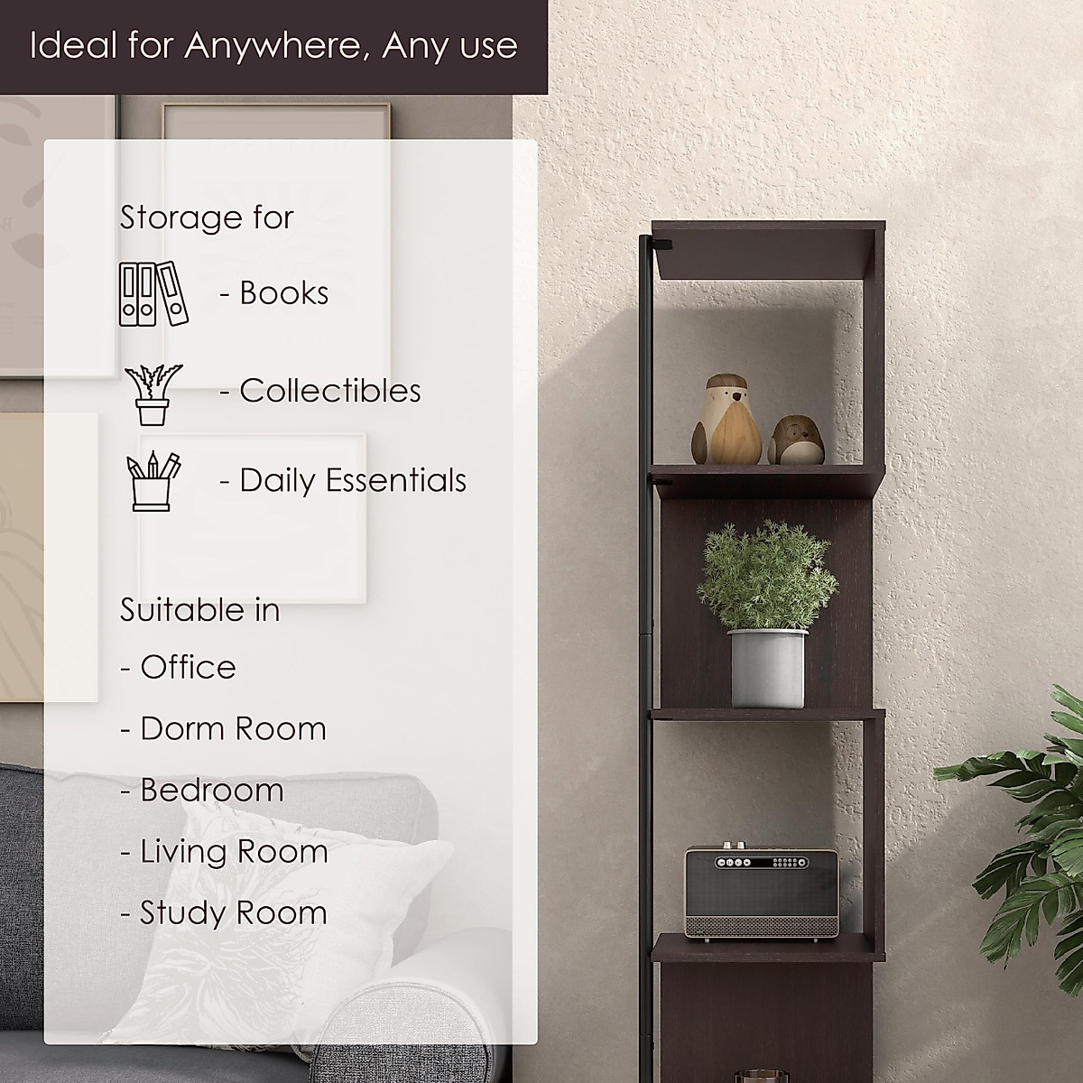 HOMES: Inside + Out Svenja Modern Style 60 in. Tall Corner Book Shelf Stand, 5 Tier Shelving Unit with Circular Metal Support, Living Room Bedroom Decor Aesthetic Wall Accessories, Espresso