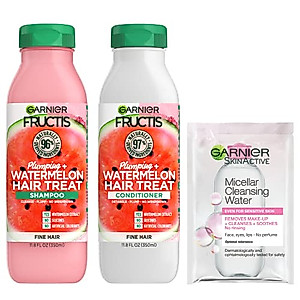Garnier Fructis Plumping Shampoo and Conditioner Set for Volumizing and Moisturizing Fine Hair, Watermelon Extract, 11.8 oz each,Micellar Water Sample included