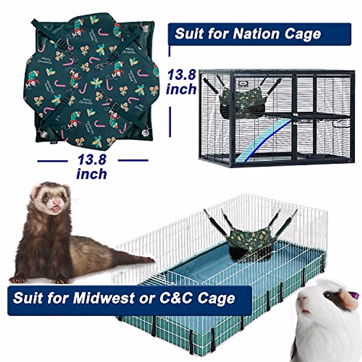 FULUE Ferret Rat Hammock,Ferret Cage Accessories Ferret Guinea Pig Hanging Bed HammockCute Ferret Stuff Tunnel for Cage Set Supplies 13.8inch (Green Christmas)