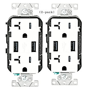 Leviton T5832-2BW USB Dual Type-A in-Wall Charger with 20 Amp, 125 Volt Tamper-Resistant Outlet, White