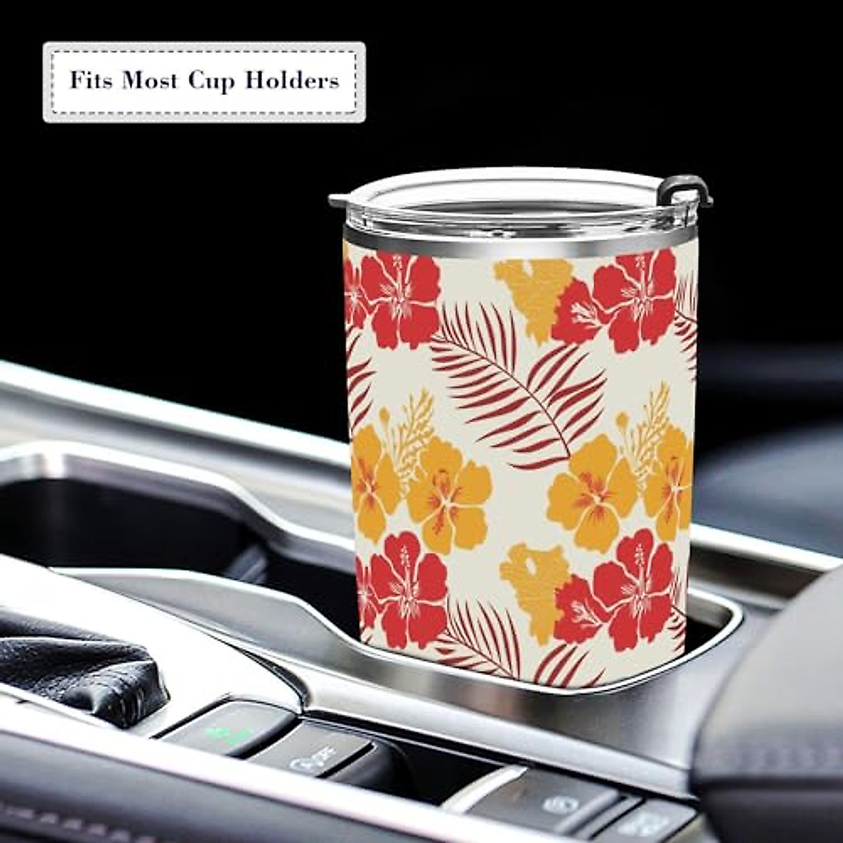 Tropical Style Flower Leaves Yellow and Red Stainless Steel car cup with Lid and Straw mug for hot drinks for hot and cold drinks leakproof flip straw tumbler 20 OZ
