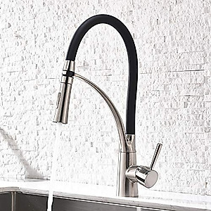 WEITOL Kitchen Sink Faucet for Bar Farmhouse Commercial, Black Rubber Design and Brushed Nickel Kitchen Faucet, Deck Mounted Pull Down Dual Spray Nozzle Mixer Sink Taps