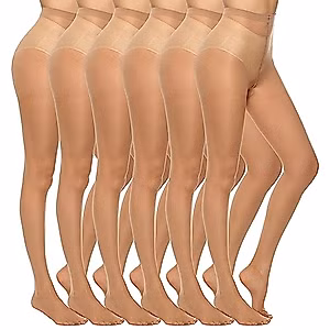 MANZI 6 Pairs Women's 20D Sheer Silky Pantyhose Run Resistant Nylon Tights High Waist Stockings with Control Top (6 Natural,M)