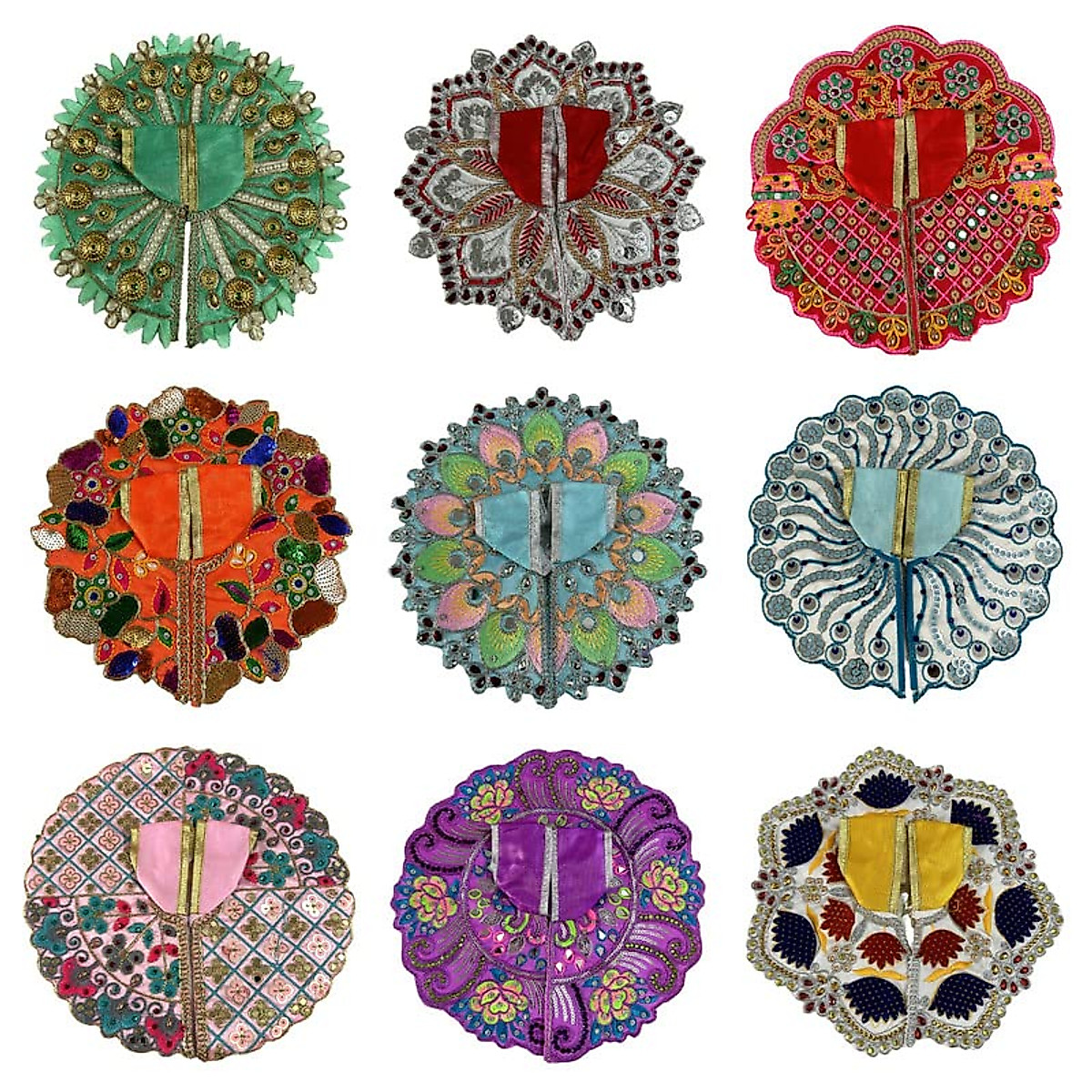 (4 No Size) Premium Colorful Embroidery Dress for Laddu Gopal Ji (Pack of 9) with 4 Zari Mukut, 4 Stone Mala, 4 Pair Kangan, 4 Flute | 8 inch Diameter Dress |C6