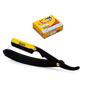 Classic Samurai CS-102 Matte Black Golden Head Stainless Steel Professional Barber Straight Edge Razor with 100 Shark Single Edge Razor Blades