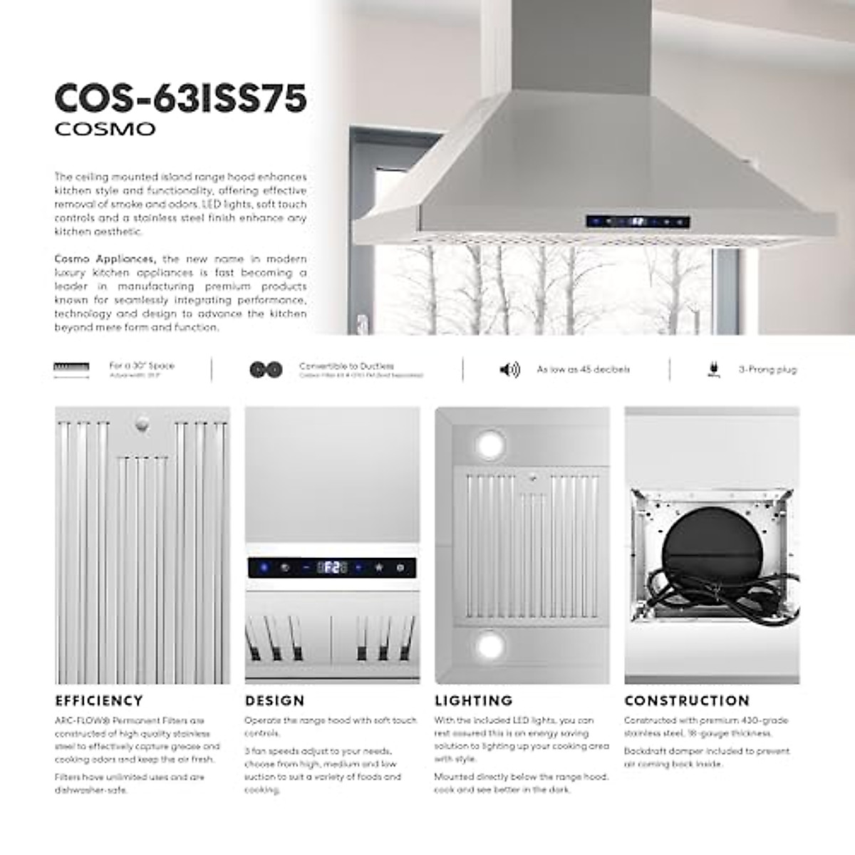 COSMO COS-63ISS75 30 in. Lumin Collection 380 CFM Ducted Island Range Hood, Soft Touch Controls, LED Lights, Stainless Steel
