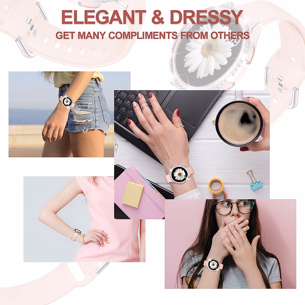 DABAOZA Compatible for Samsung Galaxy Watch 4 5 Band 40mm with Glitter Bumper Case, Women Black Silicone Soft Comfortable Adjustable Strap with Buckle (Pinksilver, 40)