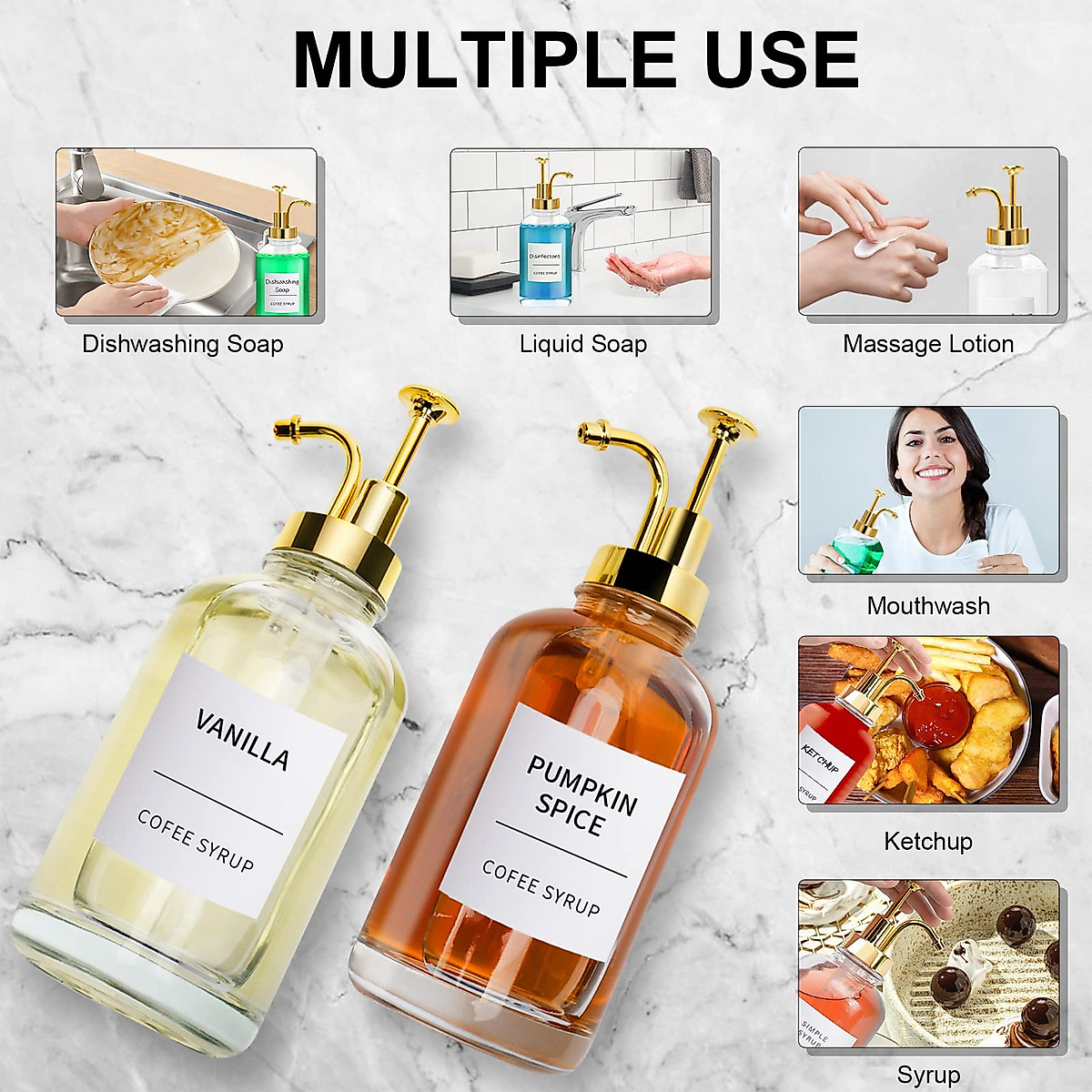 Luxsego Coffee Syrup Dispenser, 16.9oz Glass Syrup Bottle with Pump, Syrup Pump Dispenser for Coffee Bar Accessories, Home Bar, Gifts (36 Labels, Bamboo Tray & Spoon Included)