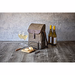 LEGACY - a Picnic Time Brand, 2 Bottle Insulated Wine Bag with Cheese Board and Knife Set - Wine Picnic Bag - Waxed Canvas Wine Tote, Khaki/Brown