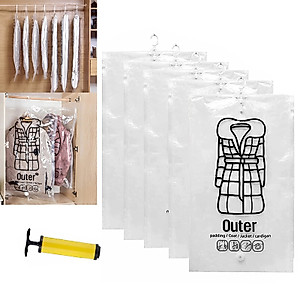 Hanging Vacuum Storage Bags, 2024 New Reusable Hanging Vacuum Storage Bags for Clothes, Coats, Jackets, Hanging Compressible Storage Bag Space Saver Bags with Hand Pumps (Large, 5Pcs)