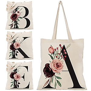 Floral Canvas Bags Gifts for Bridesmaid - Initial Tote Wedding Bag for Bridal Shower - Engagement Shoulder Totes Bags for Women - Bachelorette Party Gift for Girl - 15"x16" Large Bag C2 (Initial #A)
