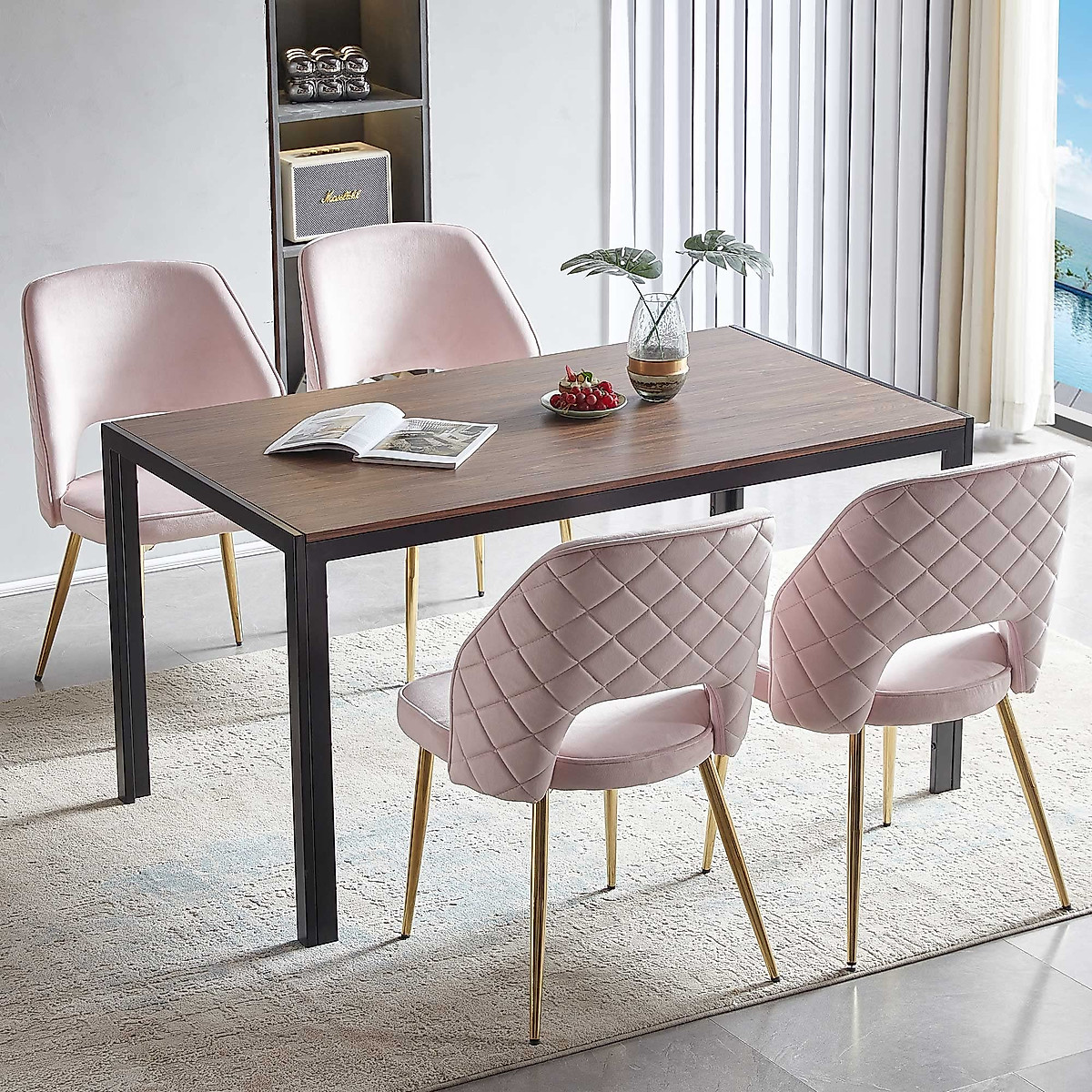 NORDICANA Modern Dining Chair Set of 4, Pink Velvet Fabric Upholstered Accent Chairs with Golden Metal Legs, Round Back Side Chairs for Kitchen Living Room Bedroom