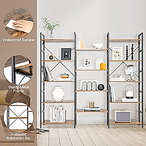 Giantex Triple 5-Tier Industrial Bookshelf- Freestanding Metal Frame Ladder Bookcase with 14 Open Shelves, Wooden Large Display Open Shelving for Living Room Home Office Study, Rustic Brown