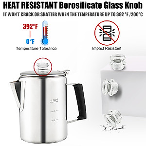 APOXCON Multi Use Percolator Coffee Pot Stainless Steel Stove Top Coffee Maker with Two Borosilicate Glass Knob Silica Handle Camping Coffee Pot Using on Campfire Stove & Induction Cooker Silver 9 Cup