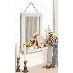 Emfogo Wall Mirror with Shelf, 20 x 16 inch Farmhouse Decor Wall Mirror Hanging for Bathroom, Vanity, Bedroom, Entryway, Living Room (Weathered White)