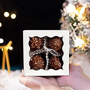 RomanticBaking 3 1/4" x 3 1/4" x 1 1/2" 50PCS Chocolate Truffle Boxes for 4，Cookies Boxes Soap Boxes Donut Boxes Macaron Boxes Mini Bakery Boxes with Window Brownie Boxes
