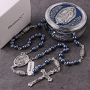 HanlinCC 6mm Glass Pearl Beads Catholic Our Lady of Guadalupe Rosary Necklace for Women and Men with Metal Gift Box (Guadalupe Rosary Blue, Zinc Alloy)