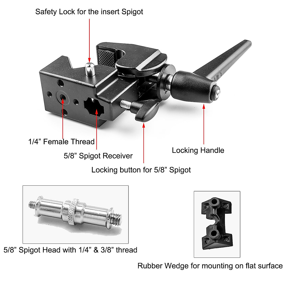 PHOCUS Multi-Function Super Clamp with Standard Stud for Photography Studio Video Camera Lighting