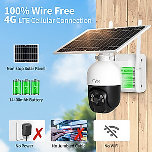 FIYEE Non-WiFi 4G Cellular Security Camera Wireless Outdoor Solar Powered, 1080P HD Spotlight Color Night Vision, 2-Way Talk, Cloud Sotrage, Include 64GB TF Card