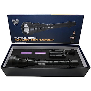 Police Force Tactical Torch 17,000,000 Heavy Duty Stun Gun LED Flashlight for Powerful Self Defense with Rechargeable Batteries and Adjustable Carry Strap