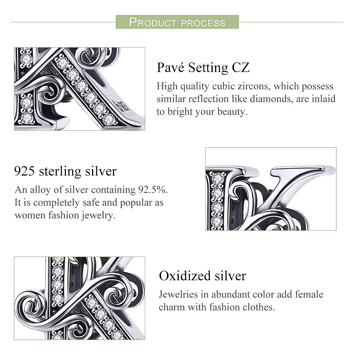 925 Sterling Silver Letter K Charms for Pandora Bracelets Alphabet Initial Beads Jewelry Gift for Women