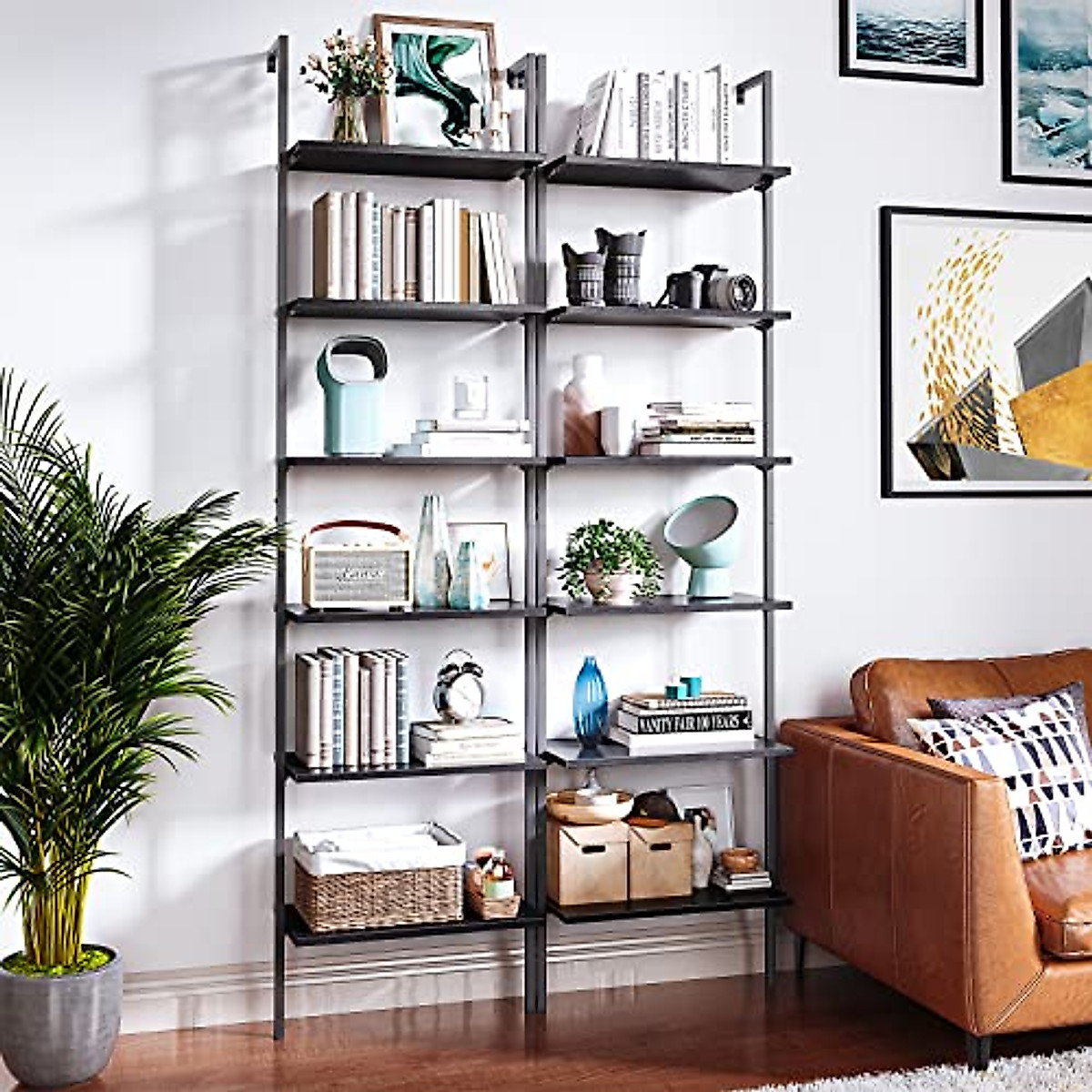 ODK 6-Tier Ladder Shelf, 87 Inches Wall Mounted Ladder Bookshelf with Metal Frame, Open Industrial Shelves for Home Office, Bedroom and Living Room, Black