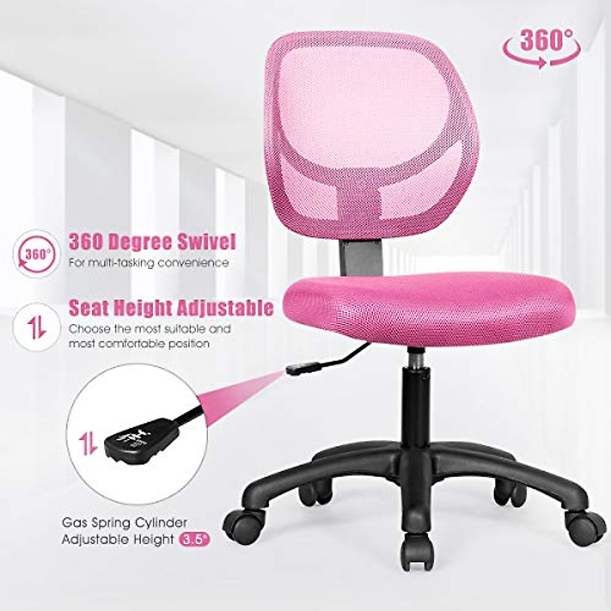 Giantex Kids Desk Chair, Low-Back Mesh Children Computer Task Chair with Adjustable Height & Support Lumbar, Upholstered Mesh Swivel Chair for Boys Girls (Pink)