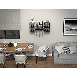 MOOMLIFE Wine Rack Wall Mounted with 3 Stem Glass Holders, Holds 12 Bottles Wine, Liquor Bottle Display Shelf, Elegant Storage for Kitchen, Dining Room