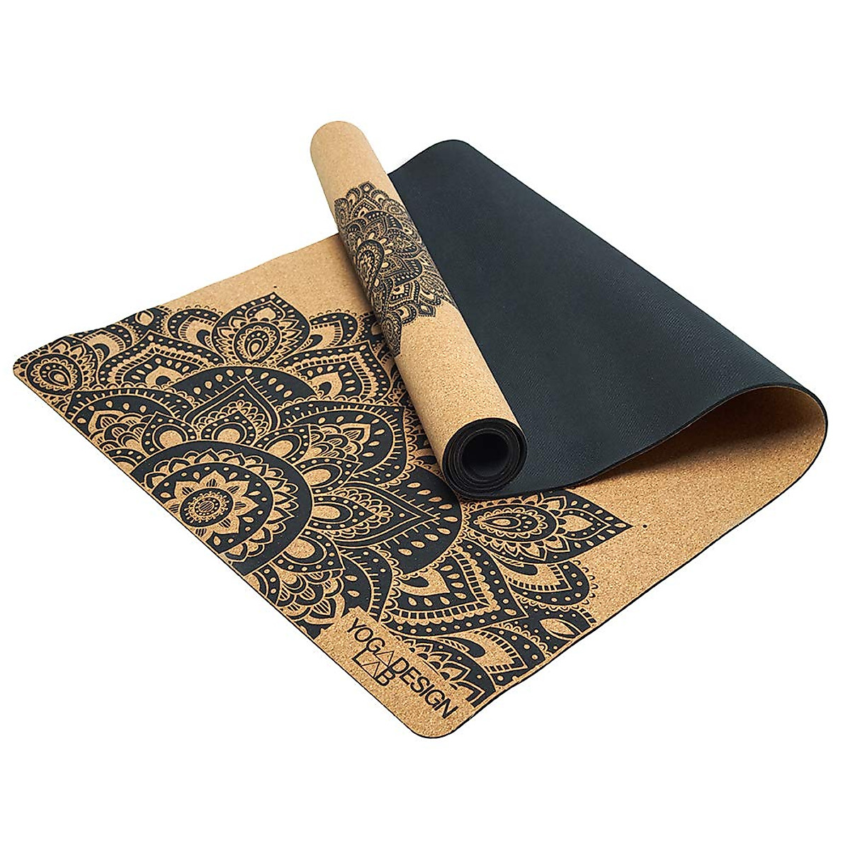 YOGA DESIGN LAB | The Cork Yoga Mat | Eco Luxury | Ideal for Hot Yoga, Power, Bikram, Ashtanga, Sweaty Workouts | Studio Quality | Includes Carrying Strap! (Mandala Black, 1.5mm)