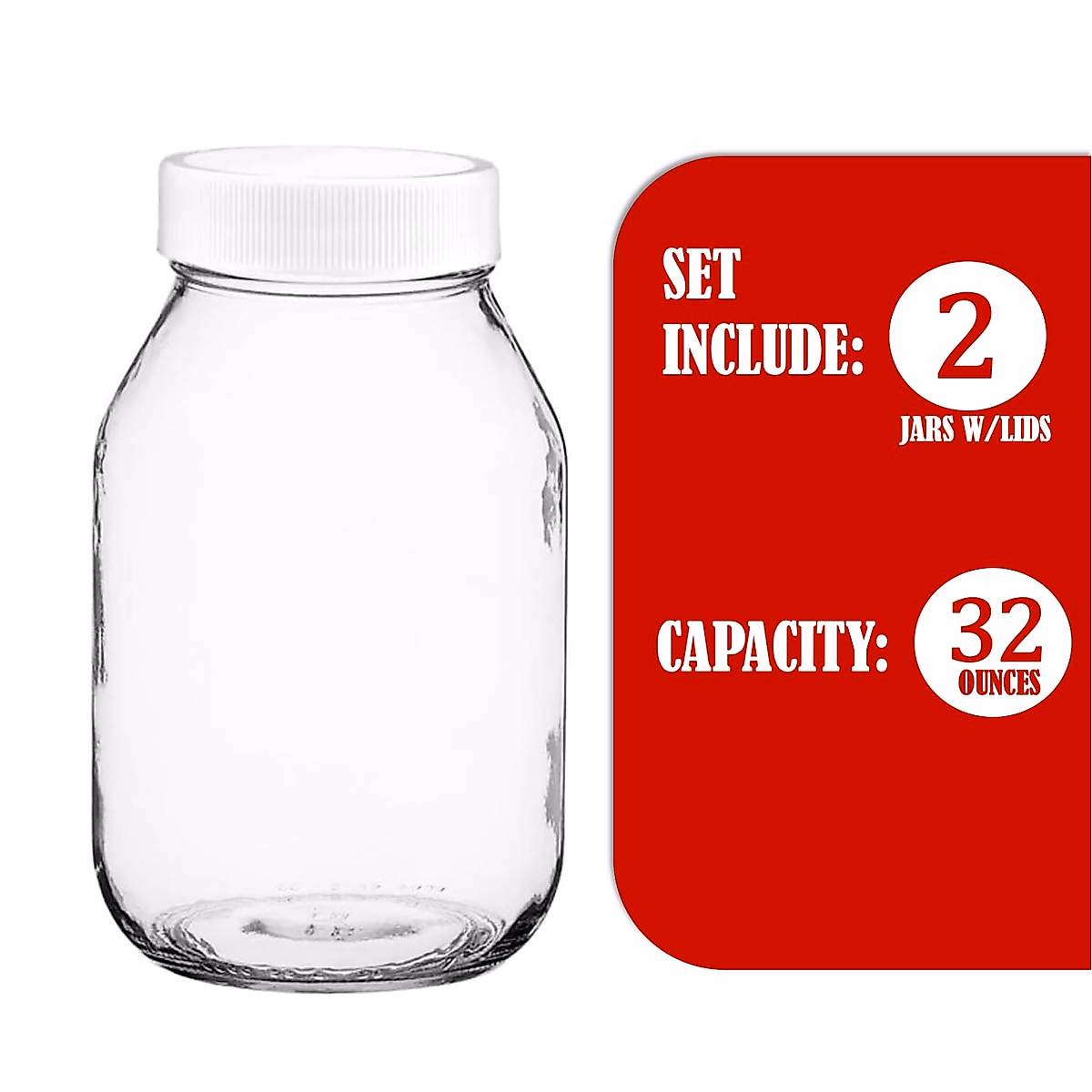 JOE'S Regular Mouth Mason Jars 32oz [2-JARS] - Quart size Jars with White Plastic Lid. Ideal for Meal Prep, Fermenting, Pickling, or DIY Decors and Projects.