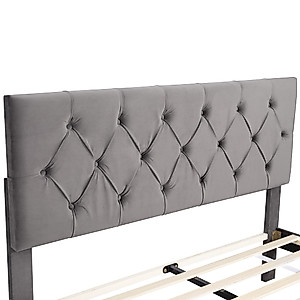 FEELHOME Queen Size Storage Bed with Drawer, Velvet Upholstered Platform Bed Frame with A Big Drawer and Headboard, Wooden Slat Support, Bedroom Furniture, Grey