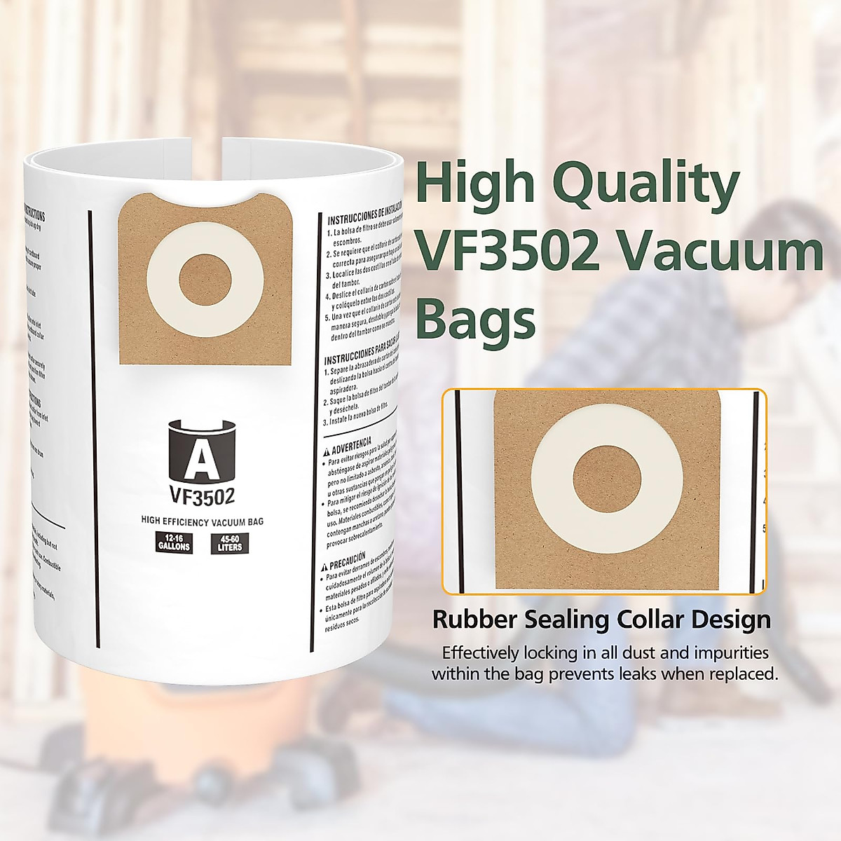 12 Pack 23743 VF3502 Vacuum Bags Compatible with Ridgid 12 to 16 Gallon Wet Dry Vacuums, High Efficiency Replacement Filter Bags for Model WD1950 WD1956 WD1850 WD1851 RV2400HF WD1450 WD1680 WD1270