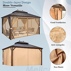 MELLCOM 12' x 14' Hardtop Gazebo, Brown Permanent Pavilion Gazebo with Curtains and Netting, Galvanized Steel Metal Double Roof Aluminum Gazebo with Aluminum Frame for Patios, Gardens, Lawns
