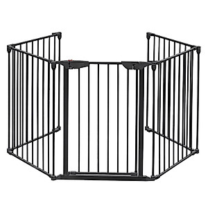 Bonnlo 120 Inches Wide Configurable Baby Gate Fireplace Safety Fence/Guard Adjustable 5-Panel Metal Play Yard for Toddler/Pet/Dog Christmas Tree Fence, Includes 4 Pack of Wall Mounts, Black