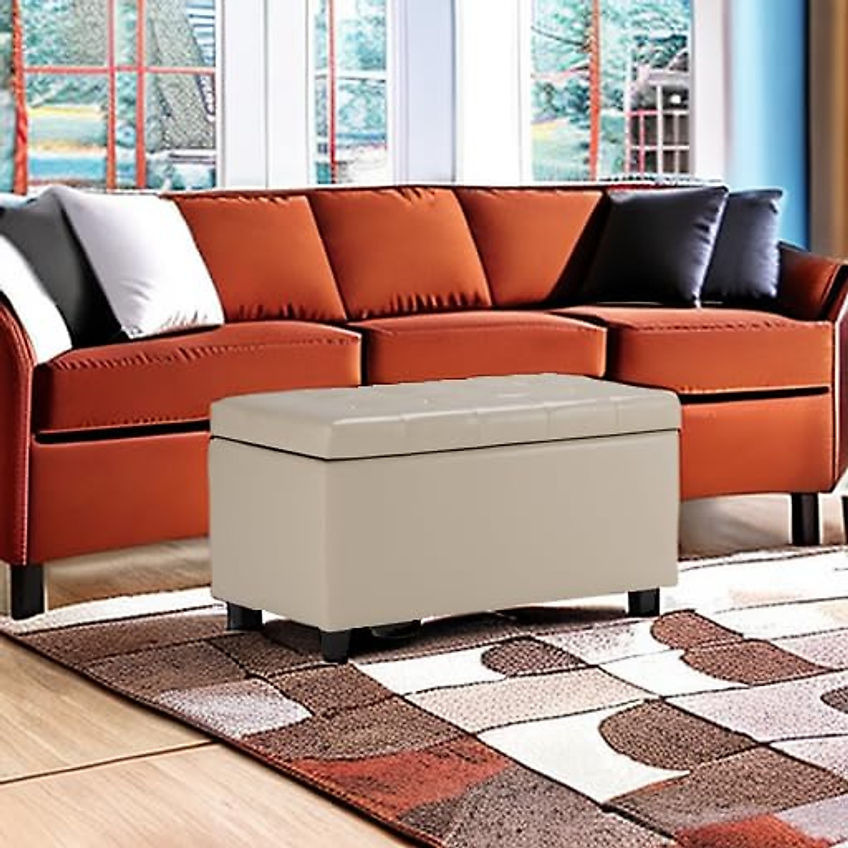 SIMPLIHOME Cosmopolitan 34 Inch Wide Transitional Rectangle Storage Ottoman in Satin Cream Vegan Faux Leather, For the Living Room, Entryway and Family Room