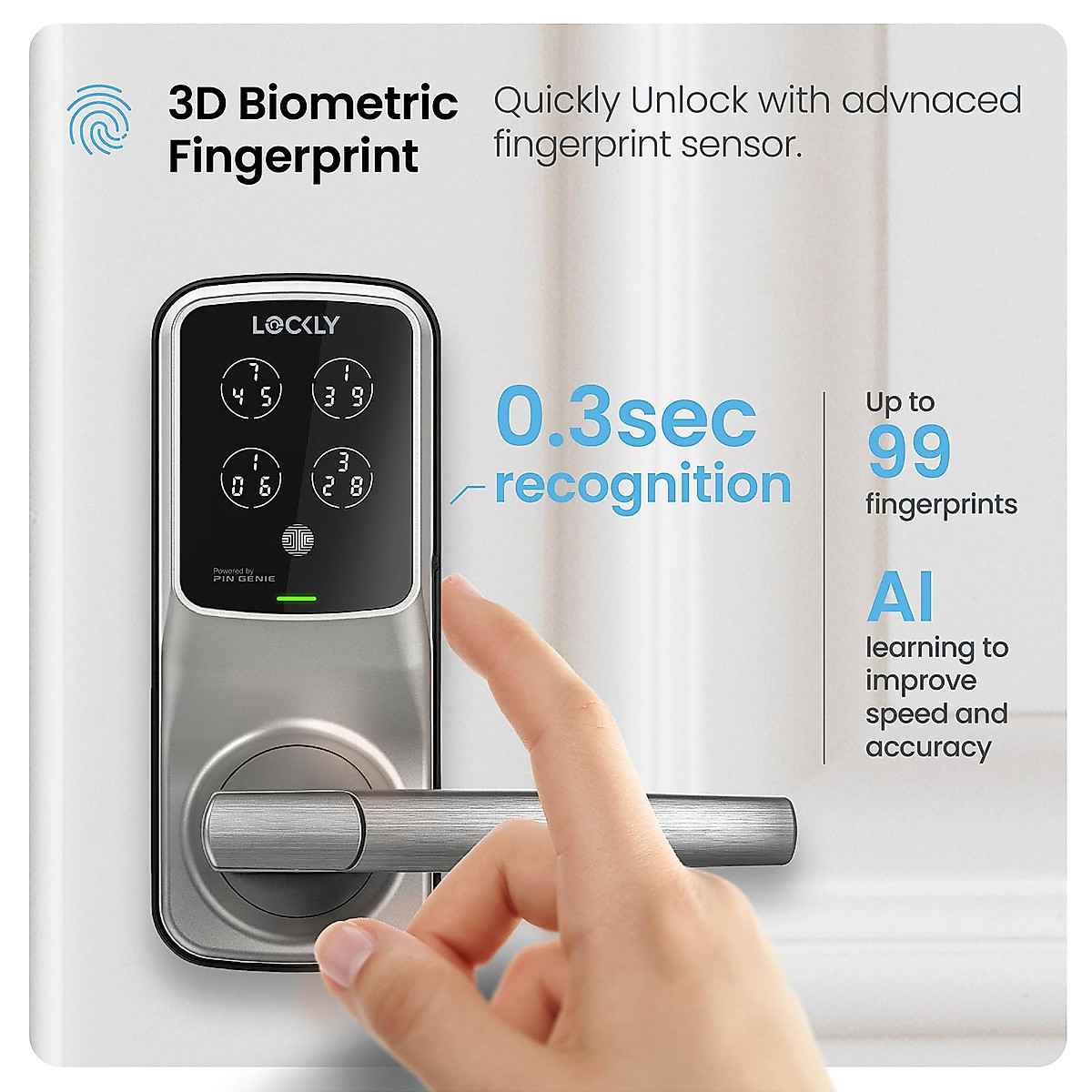 Lockly Secure Pro, Wi-Fi Smart Door Lock, Keyless Entry Door Lock, PIN Genie® Keypad, 3D Biometric Fingerprint Sensor, Voice Control, Auto Lock - Satin Nickel (PGD628WSN) - Latch Edition