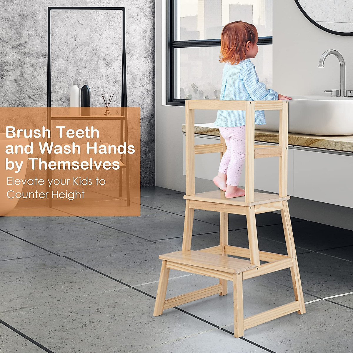 HONEY JOY Kids Kitchen Step Stool with Safety Rail, Wooden Montessori Standing Tower for Counter Bathroom Sink, Non-Slip Mat, Children Learning Stepping Stool for Toddlers 18+ Month