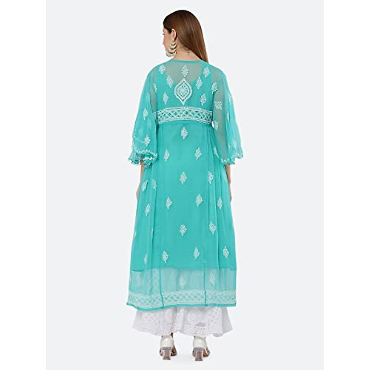 FAWOMENT Women's Lucknowi Chikan Embroidery Exclusive Panel Gown alongwith Kurti (S, Aqua Green)