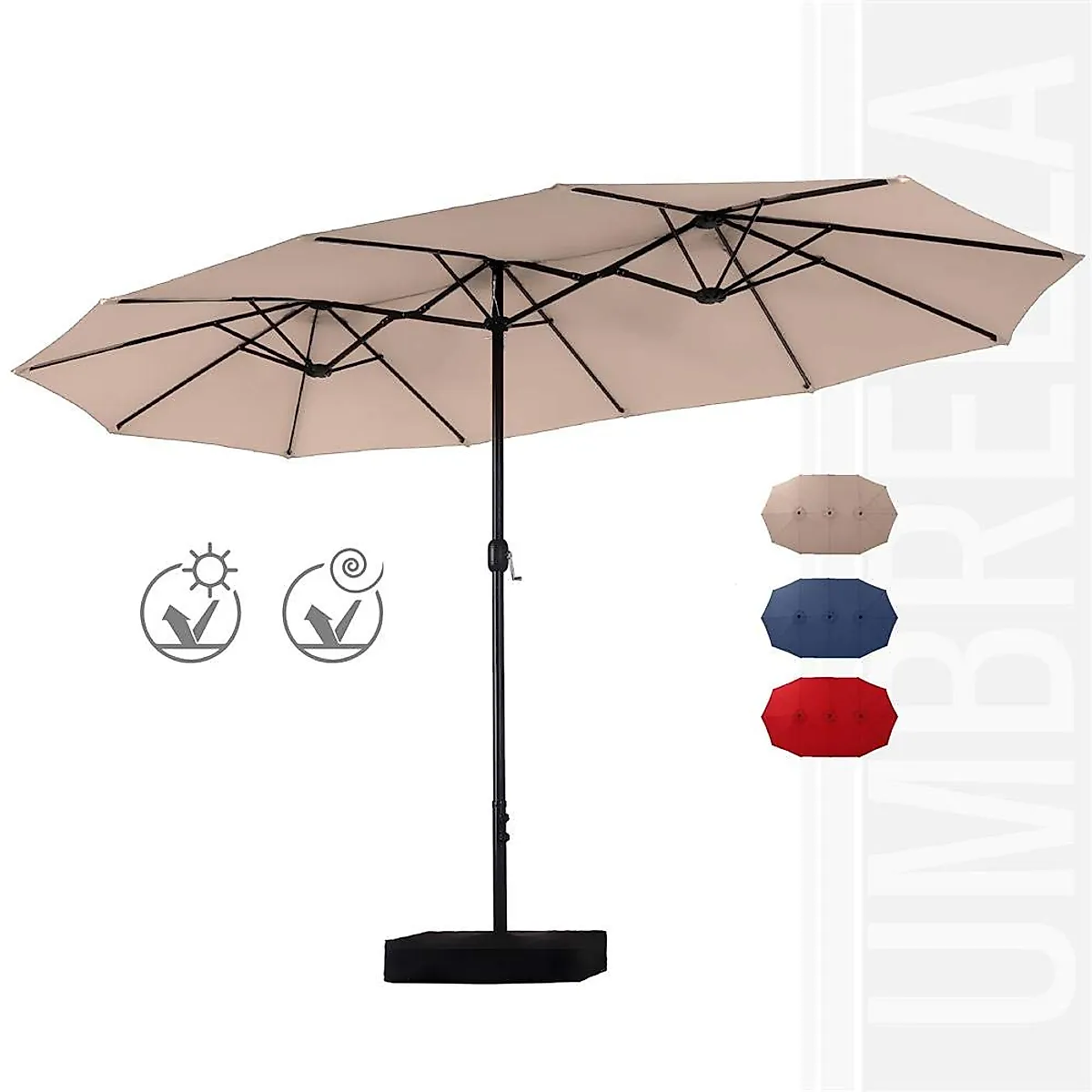 PHI VILLA 15ft Large Patio Umbrella Double-Sided Outdoor Market Pool Umbrellas with Crank, Umbrella Base (Stand) Included(Beige)