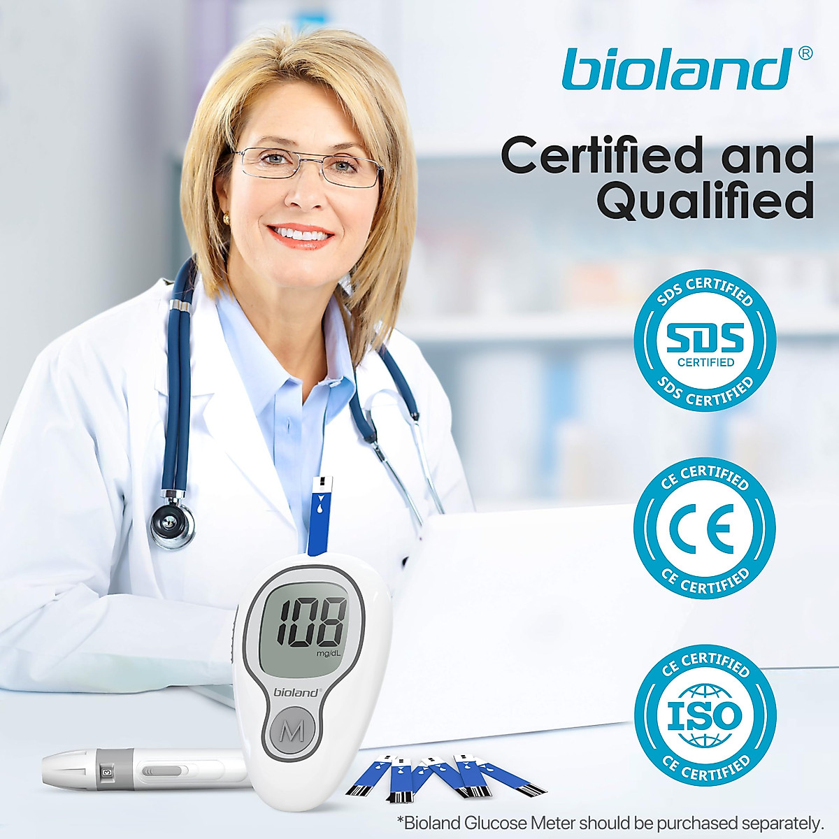 G-425-3S Diabetic Blood Test Strips*100, Used for G-425-3 Blood Glucose Monitor, 0.7μl Blood Sample, Accurate Measurement, Results in 5 Seconds, 2 Bottles of 50 Pieces Each