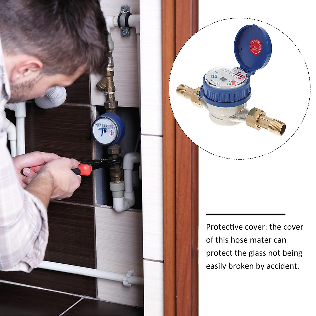 VILLCASE Water Flow Meter TS- S300E Water Meter Accurate Long Time Cold Water Meter, 3/4 NPT Couplings, Measuring in Cubic Meter Garden Water Meter