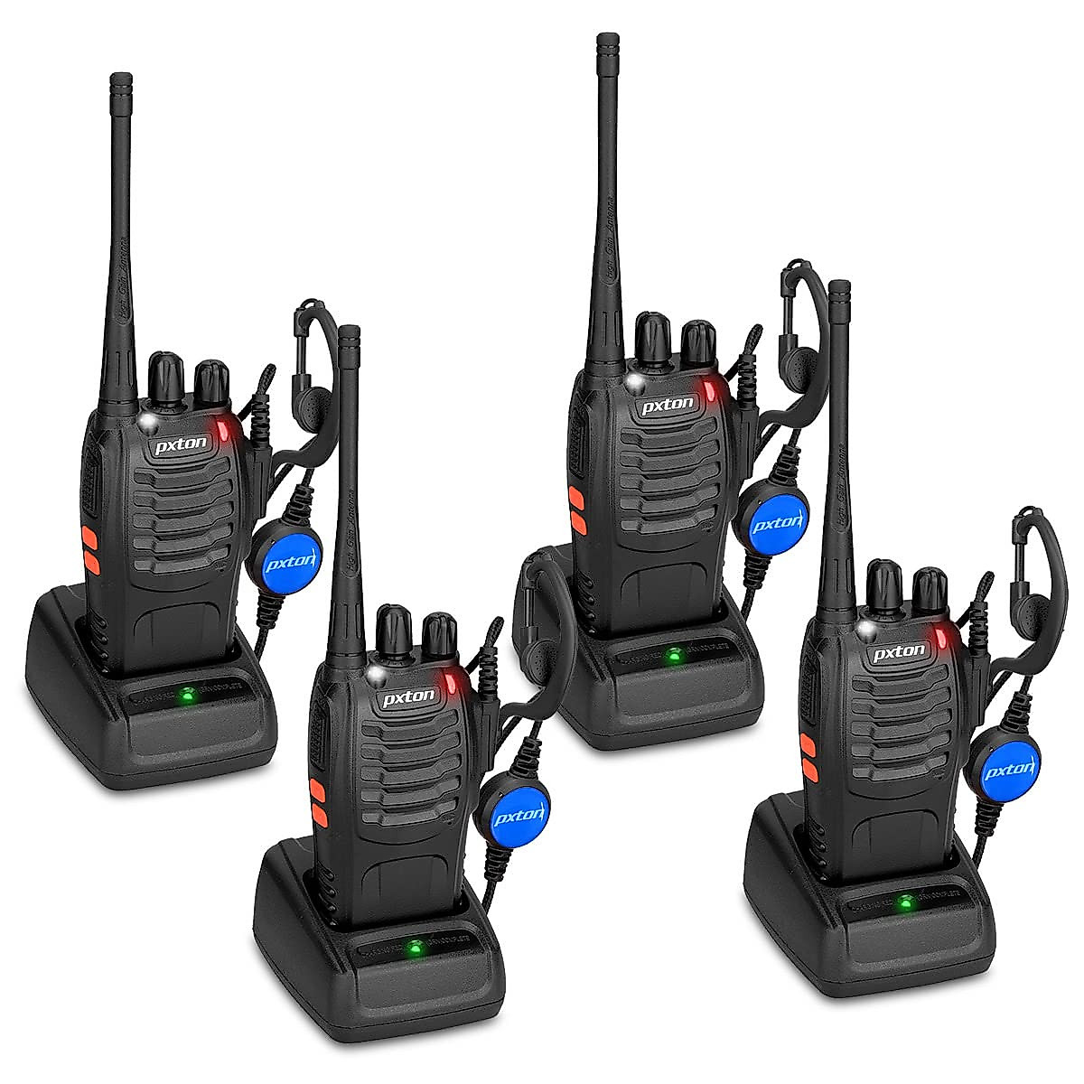 pxton walkie talkies for Adults Long Range with USB Charger and Upgraded Earpieces,Handheld Portable Two Way Radio walkie Talkie Rechargeable Include Li-ion Battery and Flashlight（4 Pack） Black