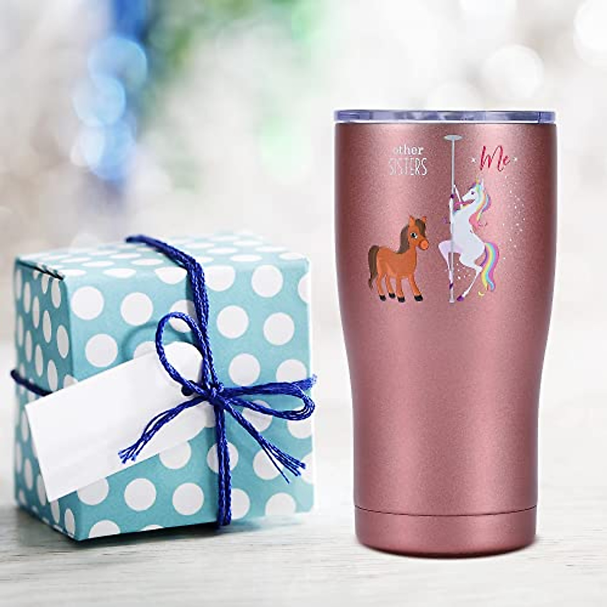 Shamone Unicorn Sister Gifts from Sister, Tumbler 20oz Insulated Stainless Steel w/Lid, SS Straw, Cleaning Brush, Sister Birthday, Sister Christmas Gifts, Funny Gift from Sister (Rose Gold)